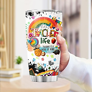 Teacher Gifts, Appreciation For Pack Women Tumblers Teachers Gift Stainless Coffee Steel Music Cups, Teacher Life A Big Heart, Tumbler 20 Oz With Lid And Straw
