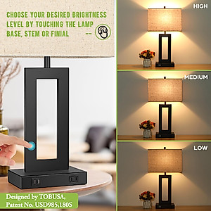 Set of 2 Touch Control Table Lamp with 2 USB Ports, 3-Way Dimmable Modern Nightstand Lamp Sets Bedside Touch Desk Lamp with Fabric Cream Shade For Bedroom Table Living Room Reading, Included Bulbs