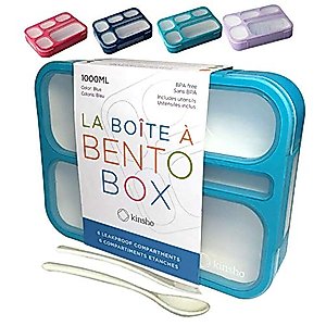 kinsho Bento Box Lunch-Box for Kids Adults | Kid Snack Lunch Containers | Leakproof School Bentobox 6 Compartment Leakproof Container for Boys Girls Womens Lunches | Utensils | Blue Set