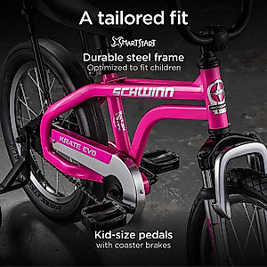 Schwinn Krate EVO Kids Bike for Boys and Girls Ages 3-5 Years, 16-Inch Wheels, Rider Height 38 to 48-Inches, Removable Training Wheels, Rear Coaster Brake, Blue