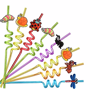 24 Bug Birthday Party Supplies Reusable Plastic Straws for Insect Themed Party Favors Decorations with 2 Cleaning Brushes