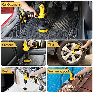 HIWARE Drill Brush Attachment Set, Yellow, Plastic Handle, 3 Sized Brush Heads for Cleaning Bathtub, Shower, Floor, Carpet, Kitchen, Bathroom, and More