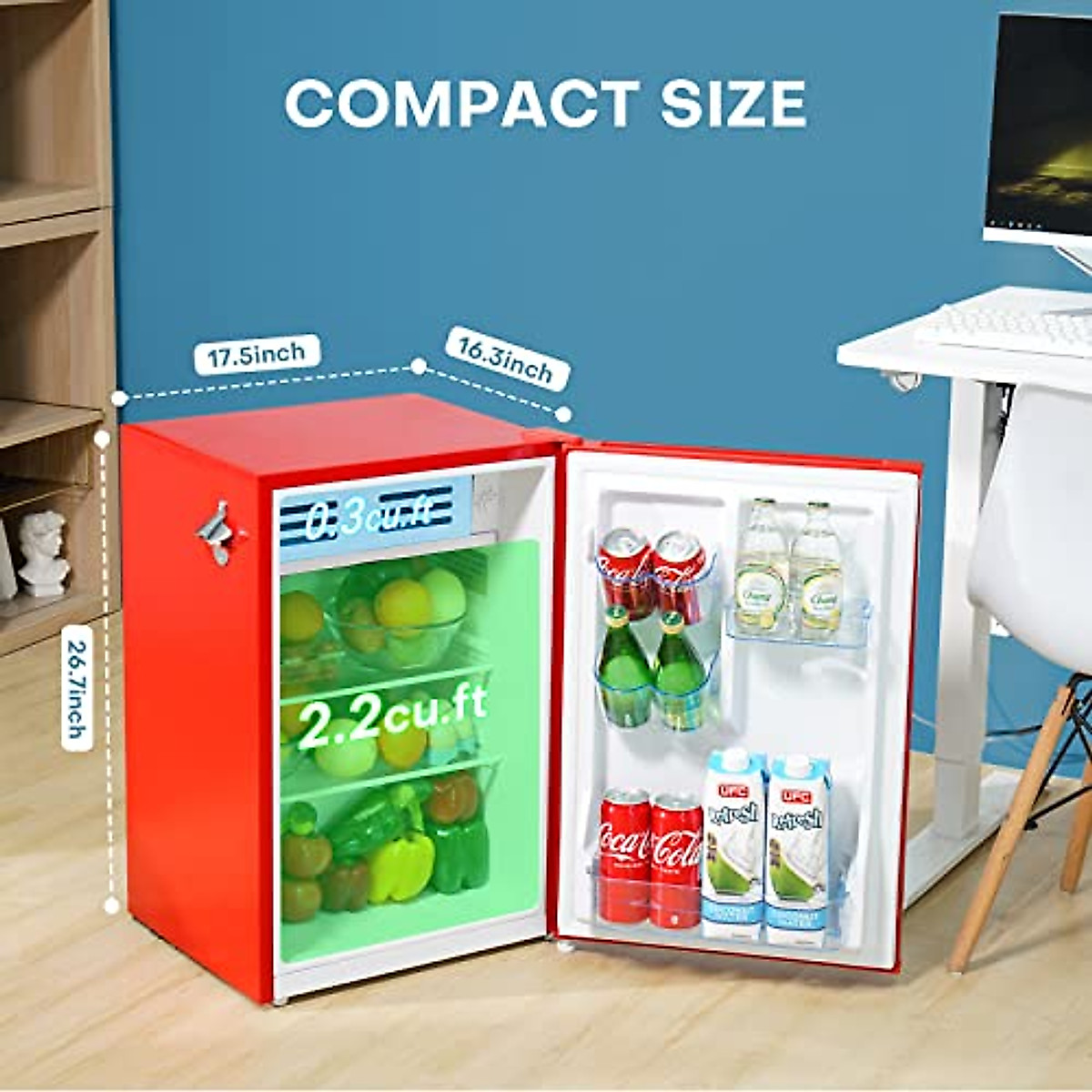 Upstreman 2.5 Cu Ft Retro Compact Refrigerator, Mini Fridge with Freezer for Bedroom, Adjustable Thermostat, Side Bottle Opener, Small Fridge for Office, Bedroom, Dorm, Bar, Red-CR25