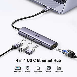 UGREEN USB C to Ethernet Adapter, 4 in 1 USB C Hub Ethernet with 3 USB 3.0 Ports/Gigabit Rj45, Plug & Play, Thunderbolt (3/4) to Network Adapter for MacBook Pro/Air, XPS, iPad Pro, iPhone 15 Pro/Max