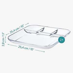 Navaris Glass Divided Plates (Set of 2) - 4 Section Divider Snack Plate for Adults, Serving, Portion Control - Square Clear Platter with Food Dividers