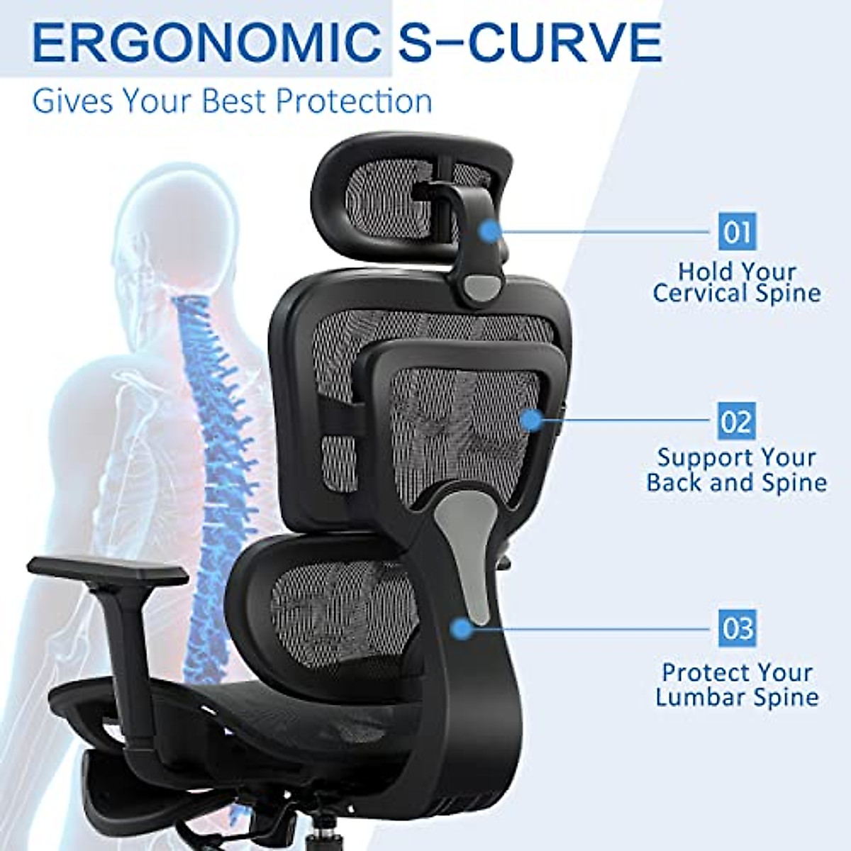 Ergonomic Office Chair with Foot Rest,Home Desk Chair Breathable Mesh, Lumbar Support Computer Chair with Flip-up Arms, Swivel Task Chair, Adjustable Height Gaming Chair Black