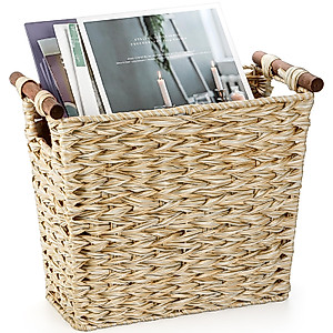 Pumtus Woven Waste Basket, Plastic Wicker Trash Can with Wooden Handles, Rectangular Storage Basket Garbage Container Bin for Bathroom, Office, Kitchen, Home, Laundry, Utility Room, Garage