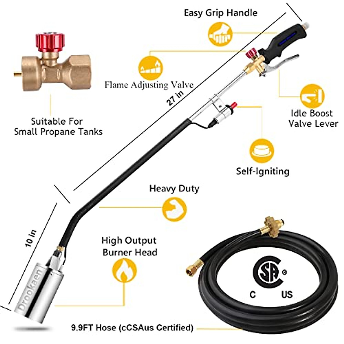 Propane Torch Weed Burner Kit, Weed Burner Torch Self Igniting with 9.9 FT Hose Plus 1 LB Propane Adapter, High Output 700,000 BTU Propane Weed Torch for Roofing,Ice Snow,Road Marking,Charcoal