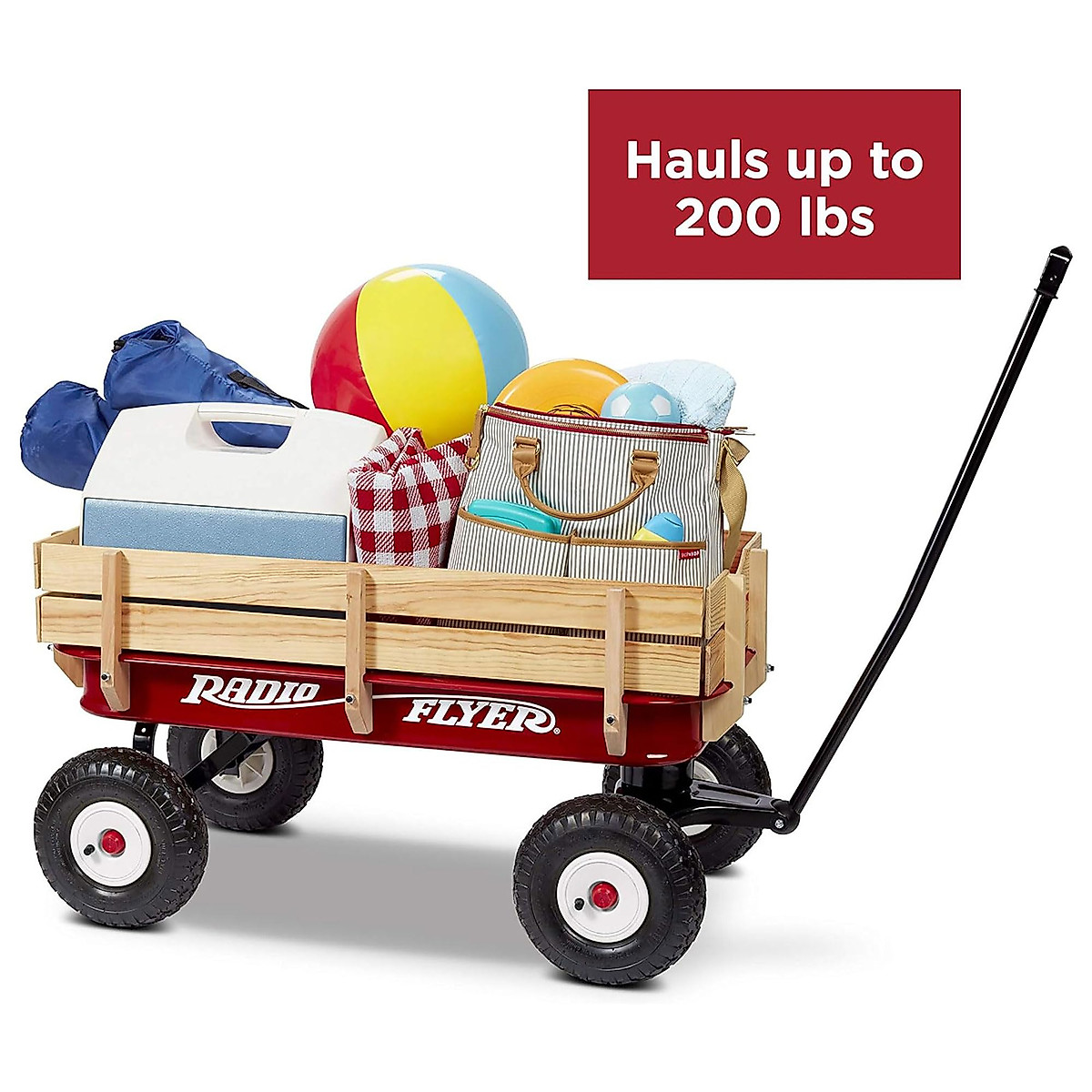 Radio Flyer Full Size All Terrain Classic Steel Pull Along Wagon with Foldable Handle and Wooden Stake Sides for Kids and Cargo, Red