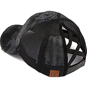 Funky Junque Ponytail Messy Bun Trucker Ponycap: Jet Black CAMO w/Black Criss Cross Back