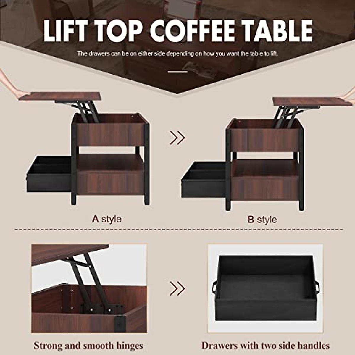 Winkalon Coffee Table, Lift Top Coffee Table with Storage Shelf and Pop up Adjustable Lift Tabletop, 41.7" Wood Coffee Tables for Living Room with 2 Drawers and Hidden Compartment(Espresso Coffee)