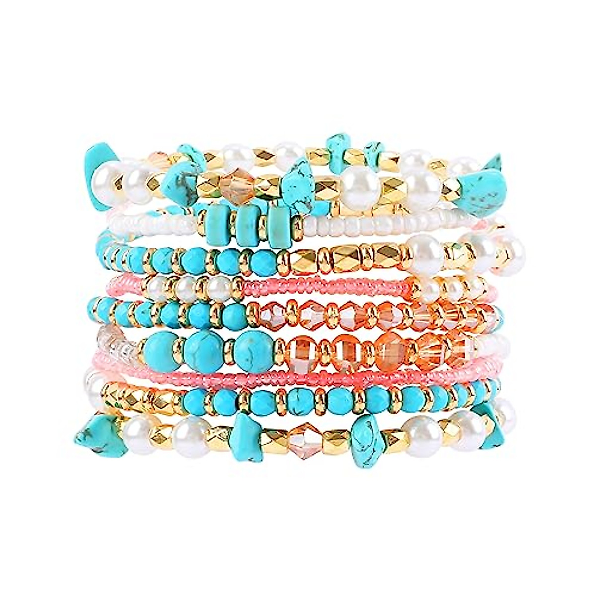 Bohemian Turquoise Beaded Bracelets for Women 9Pcs Colorful Stackable Natural Stone Stretch Bracelets Multilayered Glass Seed Beads Pearl Bracelet Set Boho Holiday Summer Beach Jewelry Gift for Girls