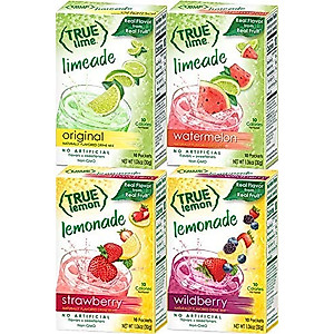 True Citrus Drink Mix Variety, Strawberry Lemonade, Wildberry Lemonade, Original Limeade, and Watermelon Limeade, 4 Pack