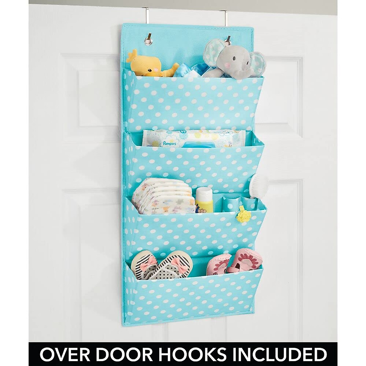 mDesign Soft Fabric Wall Mount/Over Door Vertical Hanging Storage Organizer Center - 4 Large Pockets for Baby Child/Kids Bedroom, Nursery, Playroom, Closet - Polka Dot Print - Turquoise Blue/White