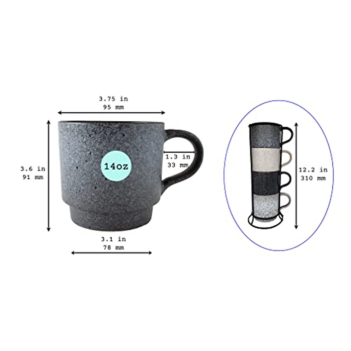 Essential Drinkware 14oz Stackable Ceramic Coffee Mugs with Metal Rack, Assorted Colors - Set of 4 Space Saving Durable Stacking Cups with Speckled Finish