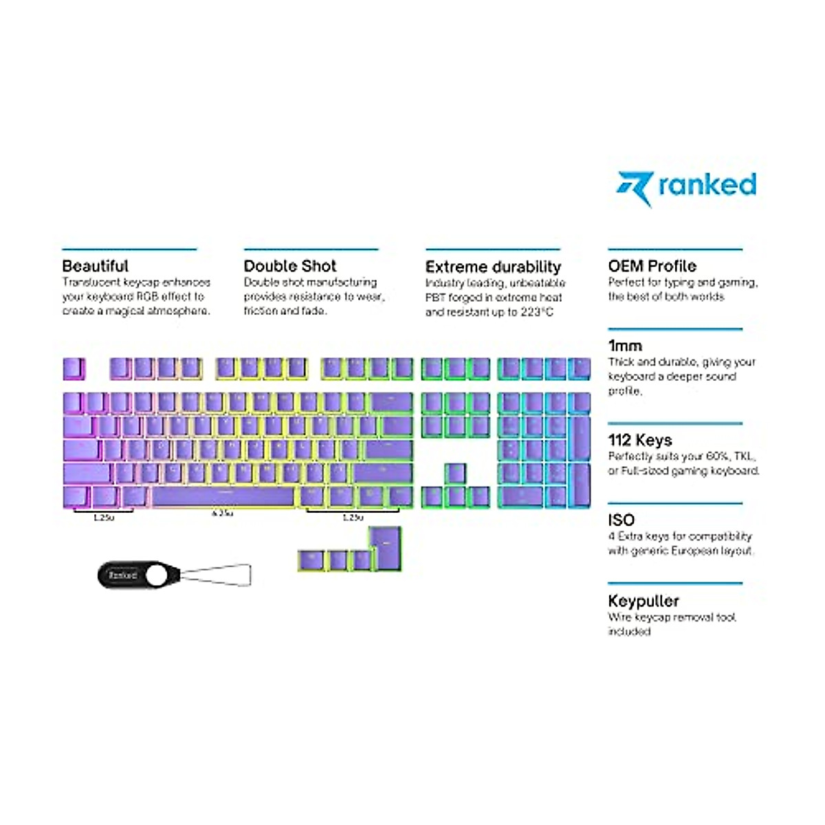 Ranked Pudding PBT Keycaps | 112 Double Shot Translucent ANSI US & ISO Layout | OEM Profile for RGB Mechanical Gaming Keyboard (Lavender)