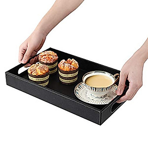 Luxspire Valet Tray with Handles, 15"Large PU Decorative Ottoman Serving Tray, Coffee Table Tray, Catchall Tray Countertop Storage, Mens Vanity Tray for Jewelry Key Cologne Nightstand Organizer, Black