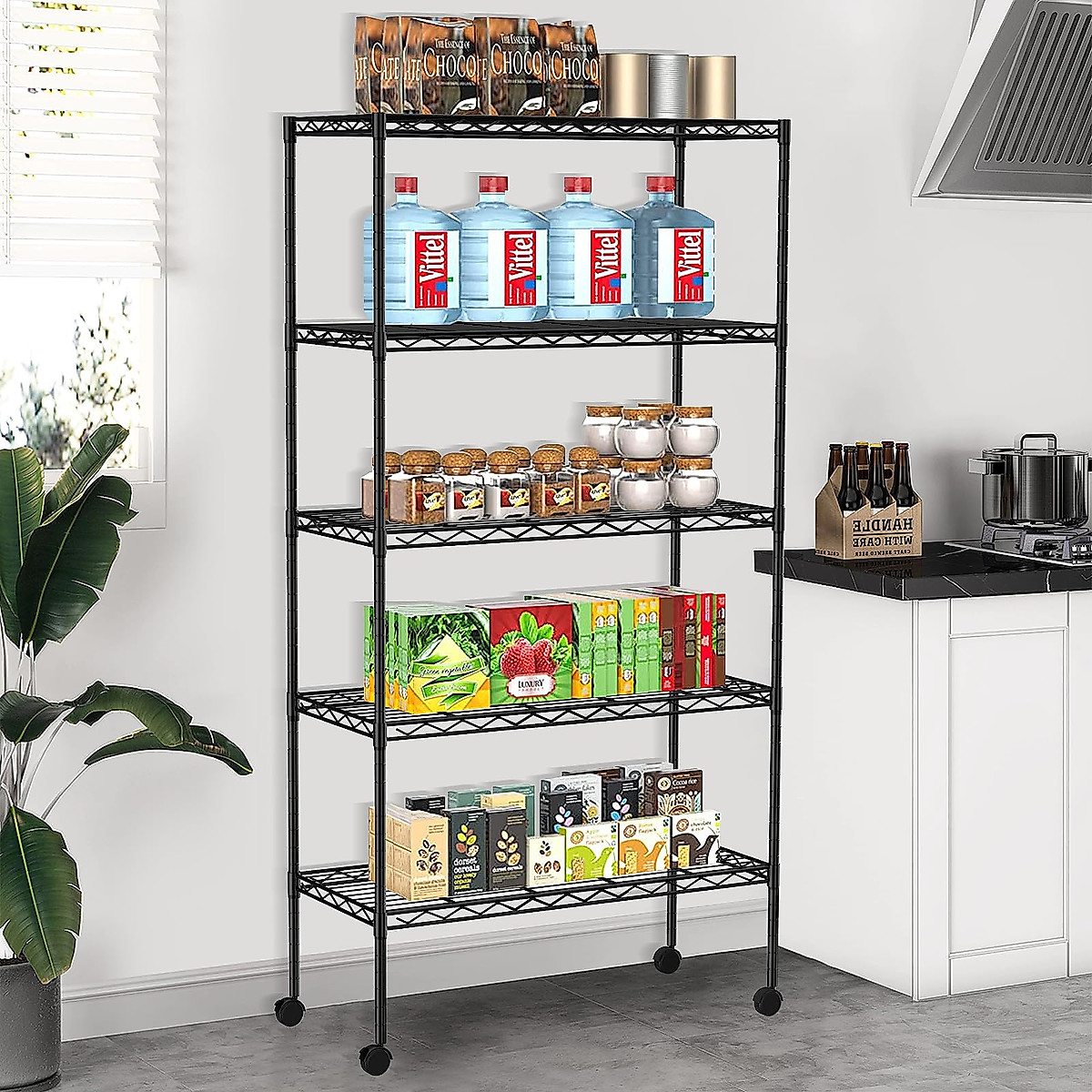 YYkokocat 5-Tier Wire Shelves 61" H x 30" x 14" Metal Storage Shelves Adjustable Wire Shelving Rack with Wheels & Leveling Feet NSF Metal Shelf Unit for Kitchen Pantry, 1200Lb Capacity, Black