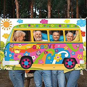 60's Hippie Bus Photo Prop 60s Party Decorations Large Fabric Retro Groovy Van Prop Hippie Selfie Frame Backdrop Background Banner Birthday Party Supplies Retro 60s 70s Party Favors 65.8 x 35.4 Inch