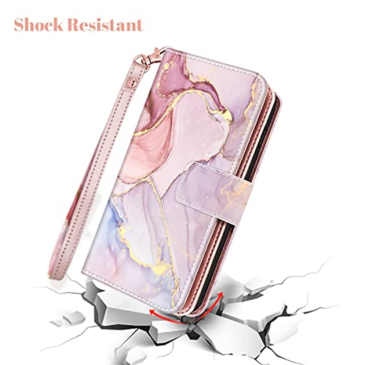 Fingic for Galaxy S10e Case, Samsung S10e Case Wallet, Rose Gold Marble 9 Card Holder PU Leather Detachable Wrist Strap Wallet Case for Women Cover for Samsung Galaxy S10E, Rose Gold