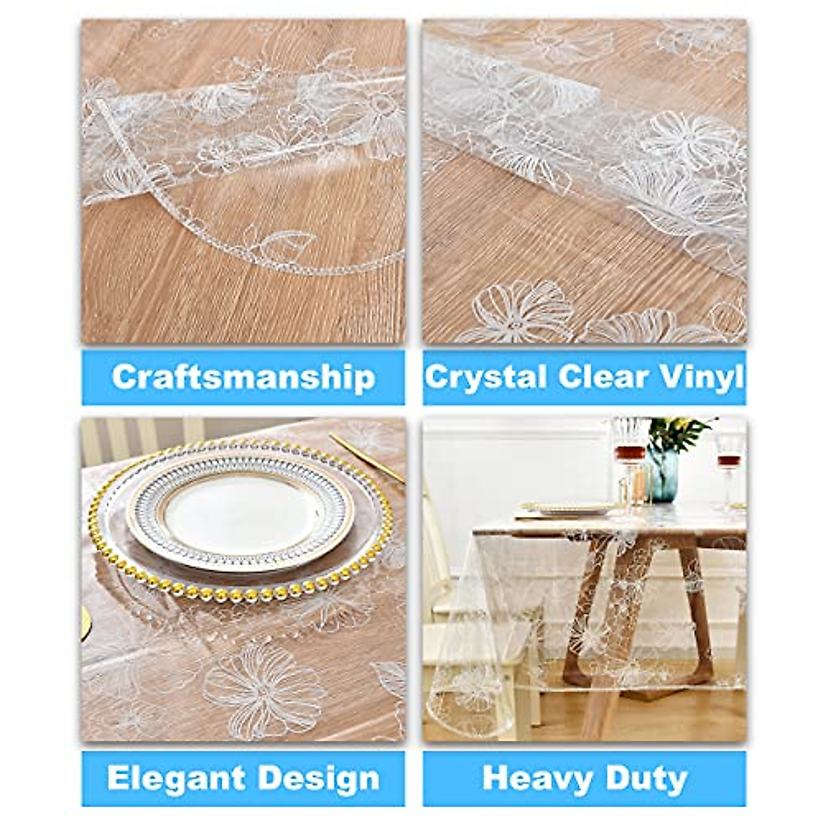 Rally Home Goods Indoor Outdoor Patio Premium Clear Vinyl Rectangular Tablecloth, Spill Proof Wipeable Cover for Dining Table, Clear Vinyl Imprinted White Floral, for Tables 60 x 84 Inch Oblong