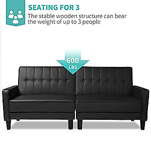 URRED Futon Sofa Bed Loveseat Sofa Sleeper, Convertible Loveseat Sofa Bed, Fotone Bed Couch Tufted Design with Adjustable Backrest and Side Pockets for Small Spaces (PU-Black)