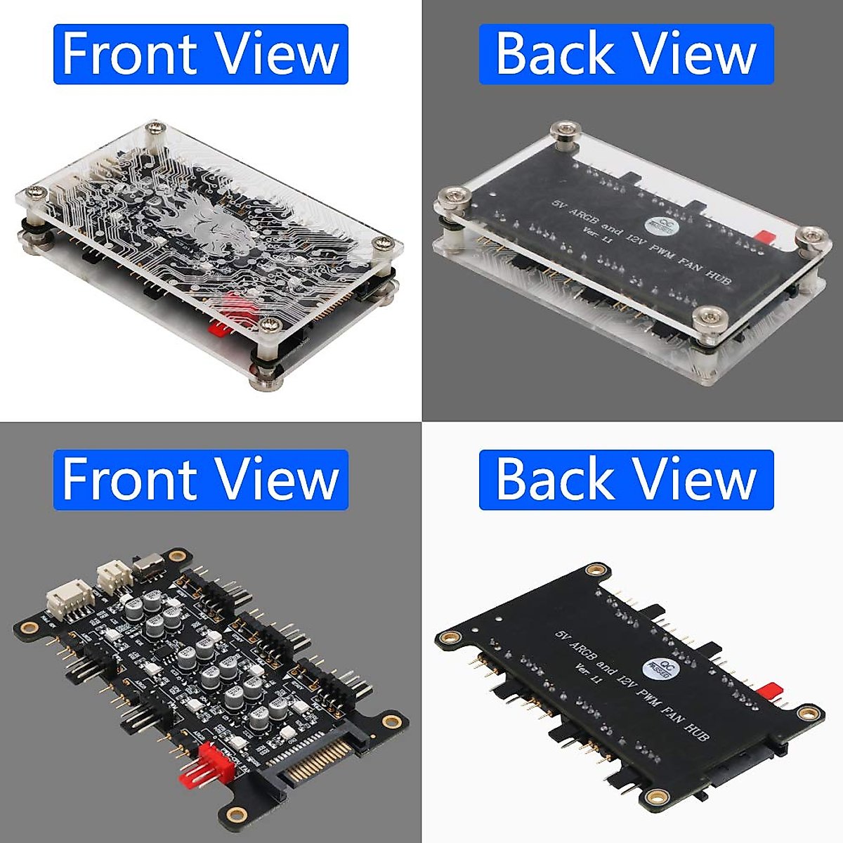 Newest Version 2 in 1 6-Ways 5V ARGB and 12V PWM DC Fan Hub with Acrylic Case and Magnetic Standoff for ASUS/MSI 5V 3Pin LED Controller