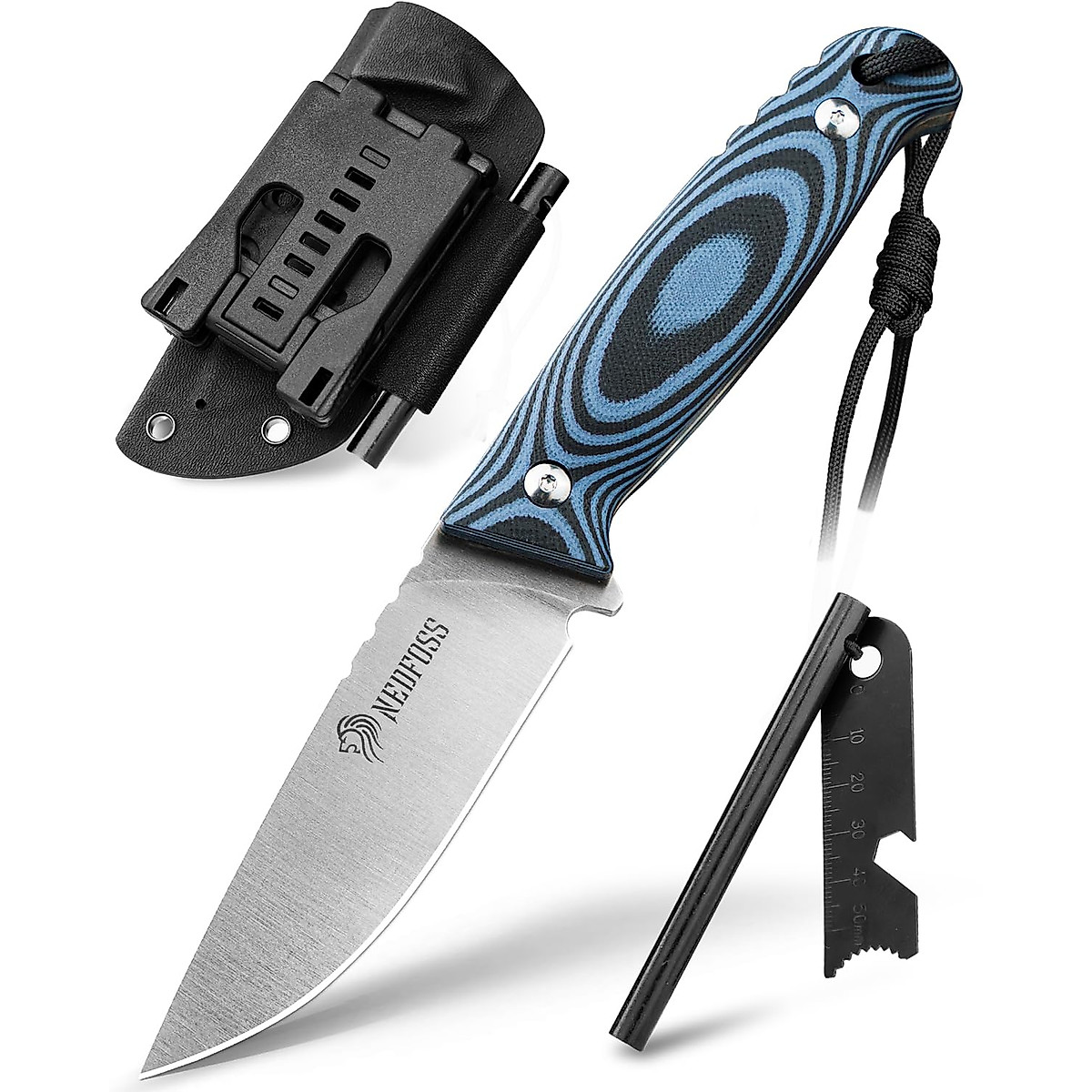 NedFoss Hyenas Bushcraft Knife with Fire Starter, 3.5" 440C Steel Camping Knife with Kydex Sheath, Blue G10 Handle for Outdoor, TAC, Gift