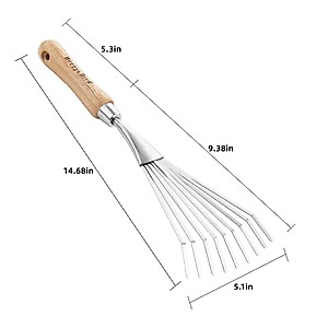 Berry&Bird Gardening Hand Shrub Rake, 14.7" Stainless Steel Grass Rake, 9 Tines Fan Lawn Leaf with Ergonomic Wooden Handle, Small Hand Rake for Sweep Leaves & Loose Debris in Garden, Lawns and Yards