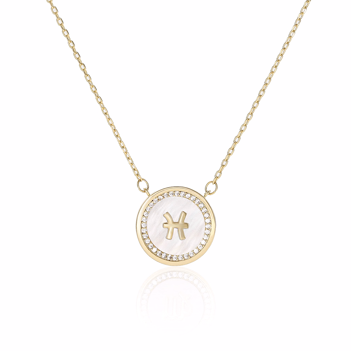Gold Zodiac Sign Pendant Necklace, 14K Gold Plated Faux Fritillaria Cubic Zirconia 12 Constellation Necklace Jewelry Birthday Gifts for Women, (Pisces Feb 19-Mar 20)