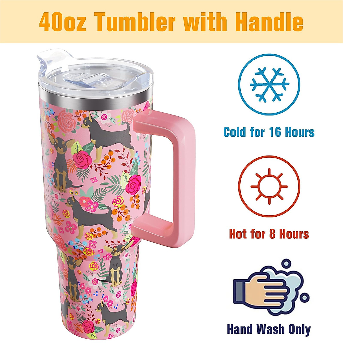 owbgsdh Chihuahua Gifts for Women Dog Lovers 40 oz Floral Chihuahua Tumblers with Handle and Straw, Stainless Steel Vacuum Insulated Travel Coffee Mug Cup Water Bottle