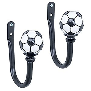DOITOOL 2pcs U Shaped Metal Hooks with Soccer Ball Metal Hanging Hooks Adhesive Heavy Duty Coat Hooks Wall Decor Hooks for Curtains (Black)