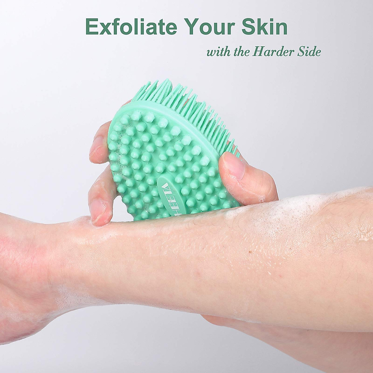 HEETA 2 Pack Body Brush for Wet Dry Brushing, Silicone Body Scrubber for Gentle Exfoliating on Softer Glowing Skin, Massage with Silicone Loofah Bath Brush, Shower Brush for Women Men (Pink & Green)