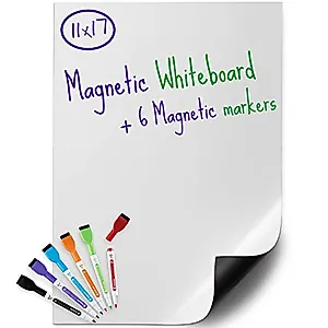 USA Made Magnetic Dry Erase Whiteboard Sheet 17" x 11" with a Set of 6 Markers