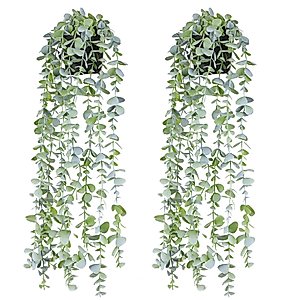 BACAMA Fake Hanging Plants Eucalyptus Potted Artificial Plant Small Faux Ivy Vines Decor for Floating Shelf Kitchen Bathroom Cabinets Indoor Outdoor Pack of 2 23.6 Inches Long