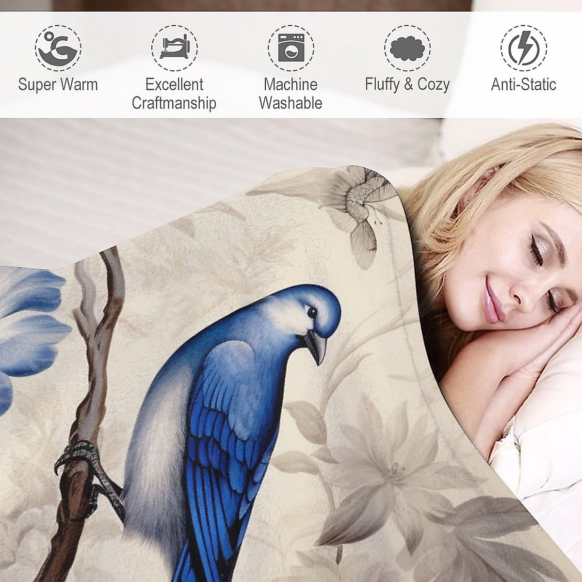 Blanket Blue White Floral Spring Flower Bird ChinoiserieWarm Blanket Flying Bird Flower Blue White Flannel Fleece Throw Blanket for Couch Sofa Bed for Adults Kids Boys Teens Gift for Adults 50"x60"