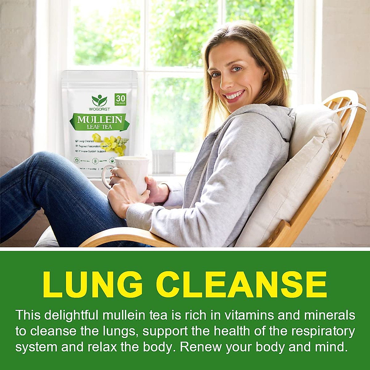 Mullein Tea Bags - Organic Mullein Leaf Tea for Lungs Cleanse and Respiratory Support, Caffeine Free - 30 Tea Bags