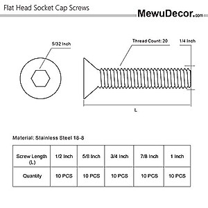 1/4-20 x 1/2", 5/8", 3/4", 7/8", 1" Flat Head Socket Cap Screws, Allen Socket Drive, Stainless Steel 18-8 (304), Bright Finish, Fully Threaded, 50 PCS