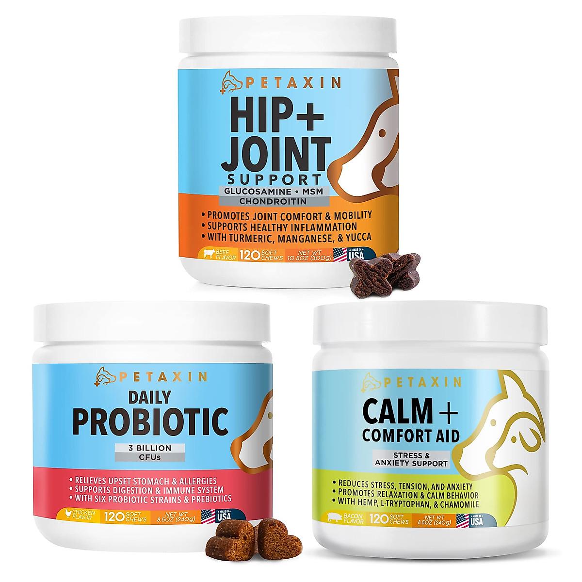 Petaxin Probiotics for Dogs 120 Chews, Calming Treats for Dogs - Anxiety and Stress Relief - 120 Chews and Glucosamine for Dogs - 120 Soft Chews