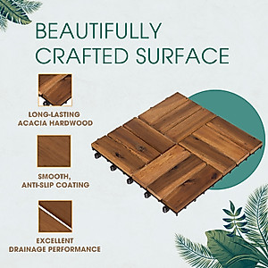 Idzo Interlocking Deck Tiles - 10PCS Waterproof Acacia Wood Patio Tiles, Flooring Tiles for Both Indoor and Outdoor - Decking Checker Pattern, 12 x 12 x 0.9 Inches, Golden Teak