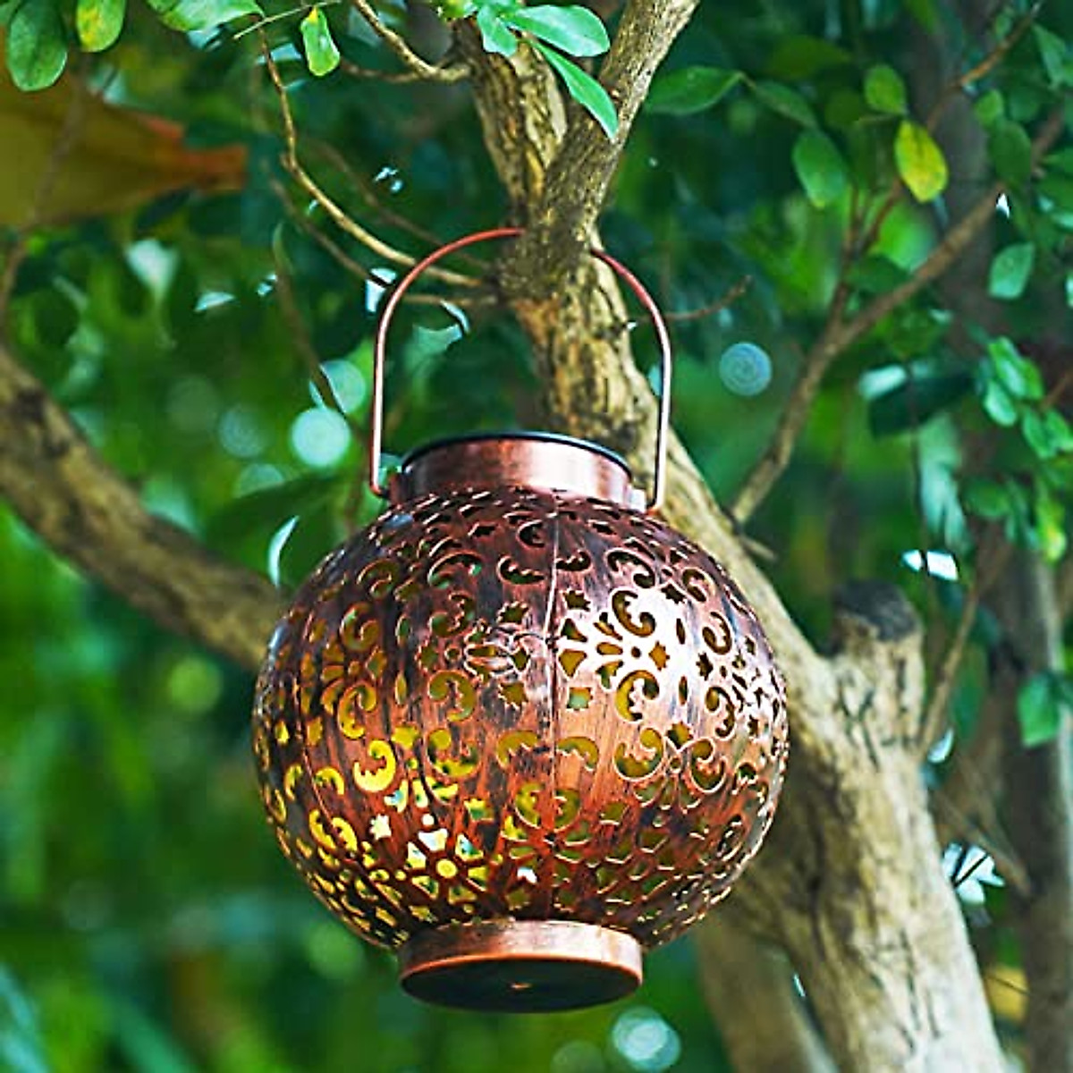 2 Pack Solar Lanterns Outdoor Waterproof Hanging, Solar Powered Lantern Warm White Retro Garden Lanterns, Hollowed-Out Metal Lantern Outdoor Decorative Lights for Yard, Lawn Porch Pathway, Landscape