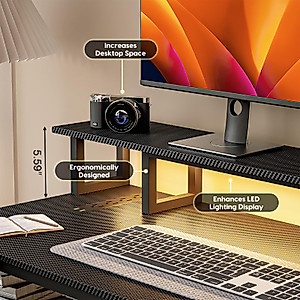 WASAGUN Gaming Desk,40 Inch L Shaped Desk with LED Lights&Power Outlets,Office Desk with Storage Shelves,Small Corner Computer Desk for Bedroom,Carbon Fiber Surface,Black Table