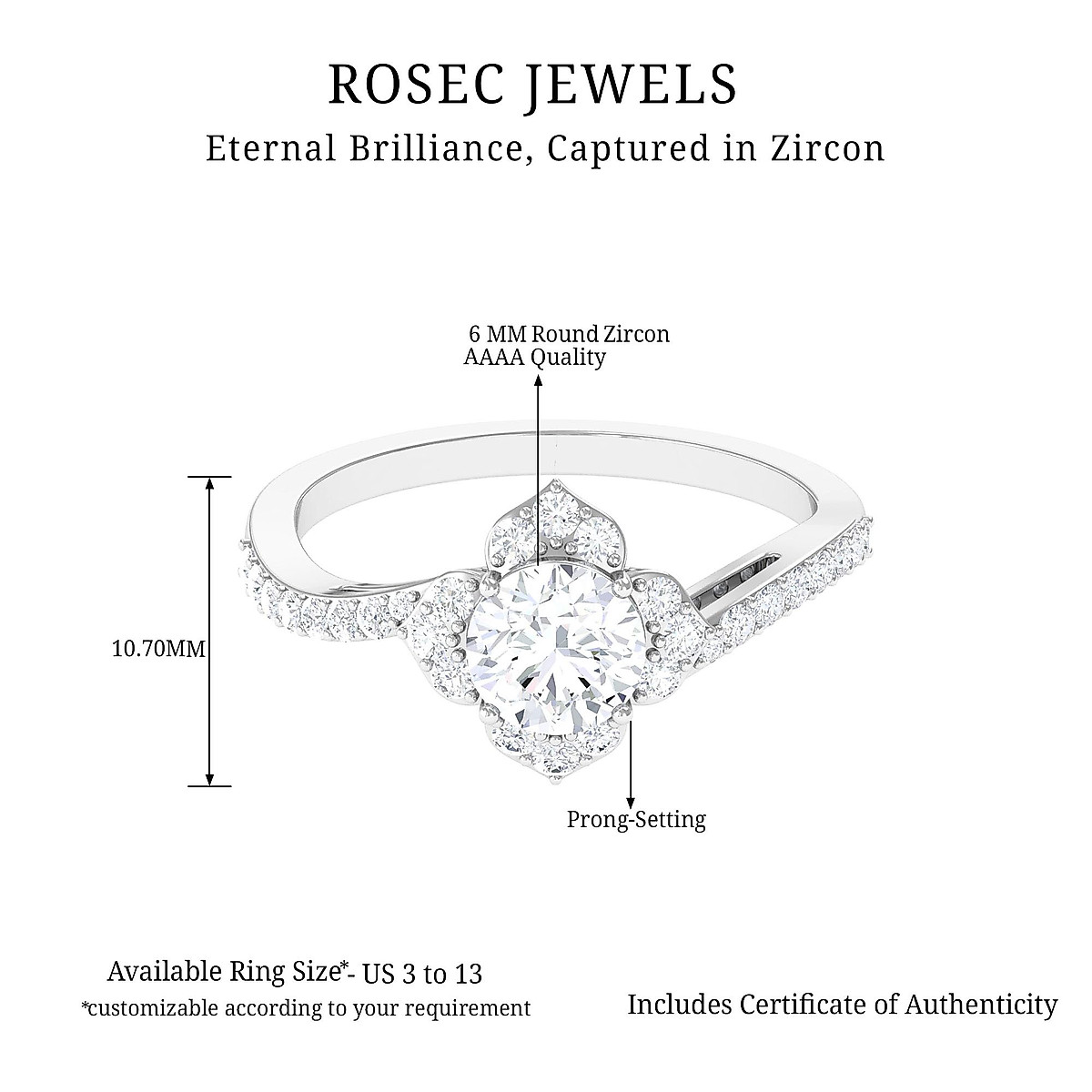 Rosec Jewels Round Shape Zircon Floral Halo Ring, Zircon Bypass Engagement Ring, Zircon Floral Ring for Women, Certified Zircon Engagement Ring, 10K White Gold, Size:US 11.00