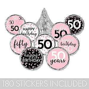 Pink, Black, and White 50th Birthday Party Favor Chocolate Kisses Candy Stickers - 180 Count