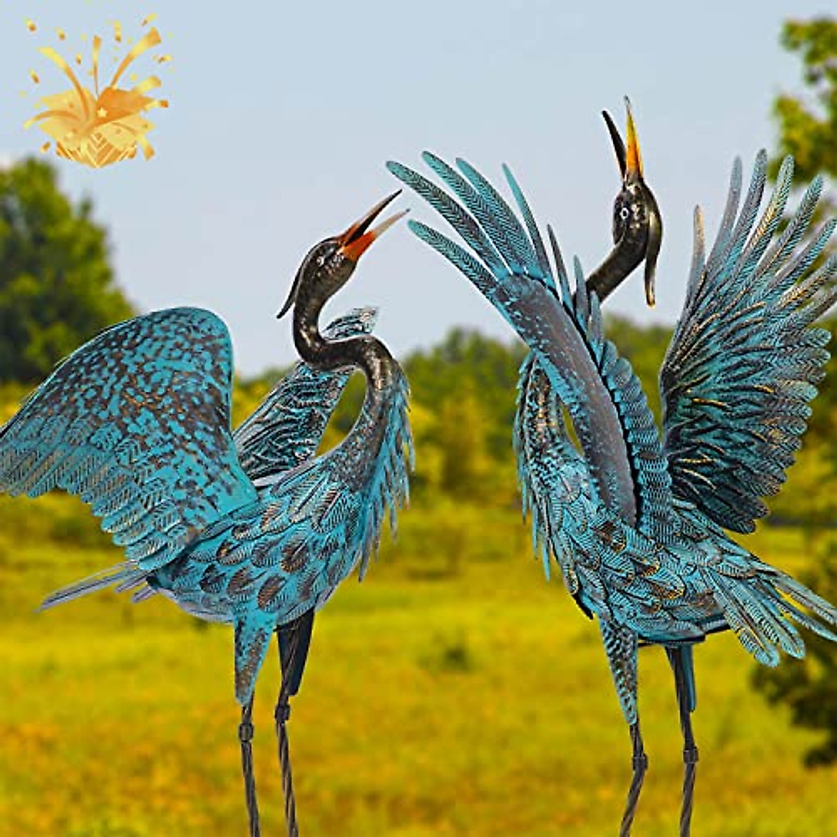 Natelf Garden Crane Sculptures & Statues, Blue Heron Decor Outdoor Large Bird Yard Art, Standing Metal Heron Lawn Ornaments for Home Patio Porch Backyard Decorations(Set of 2)