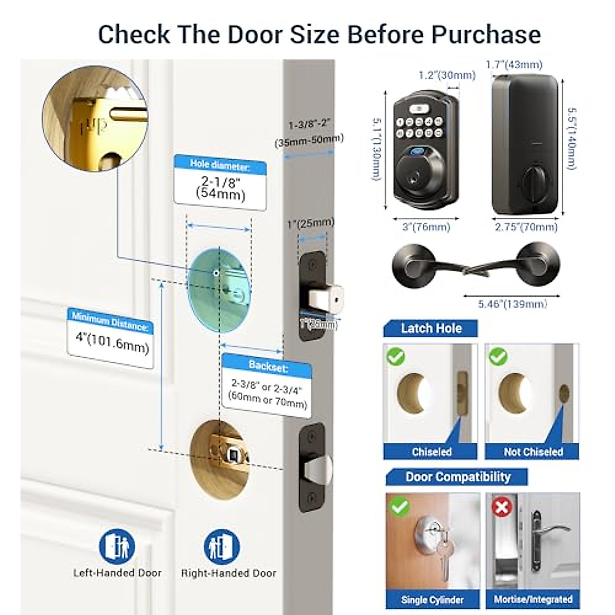 Veise Fingerprint Door Lock with 2 Lever Handles - Keyless Entry Door Lock, Electronic Keypad Deadbolt & Front Door Lock Handle Sets, Auto Lock & 1 Touch Locking, Easy Installation, Matte Black