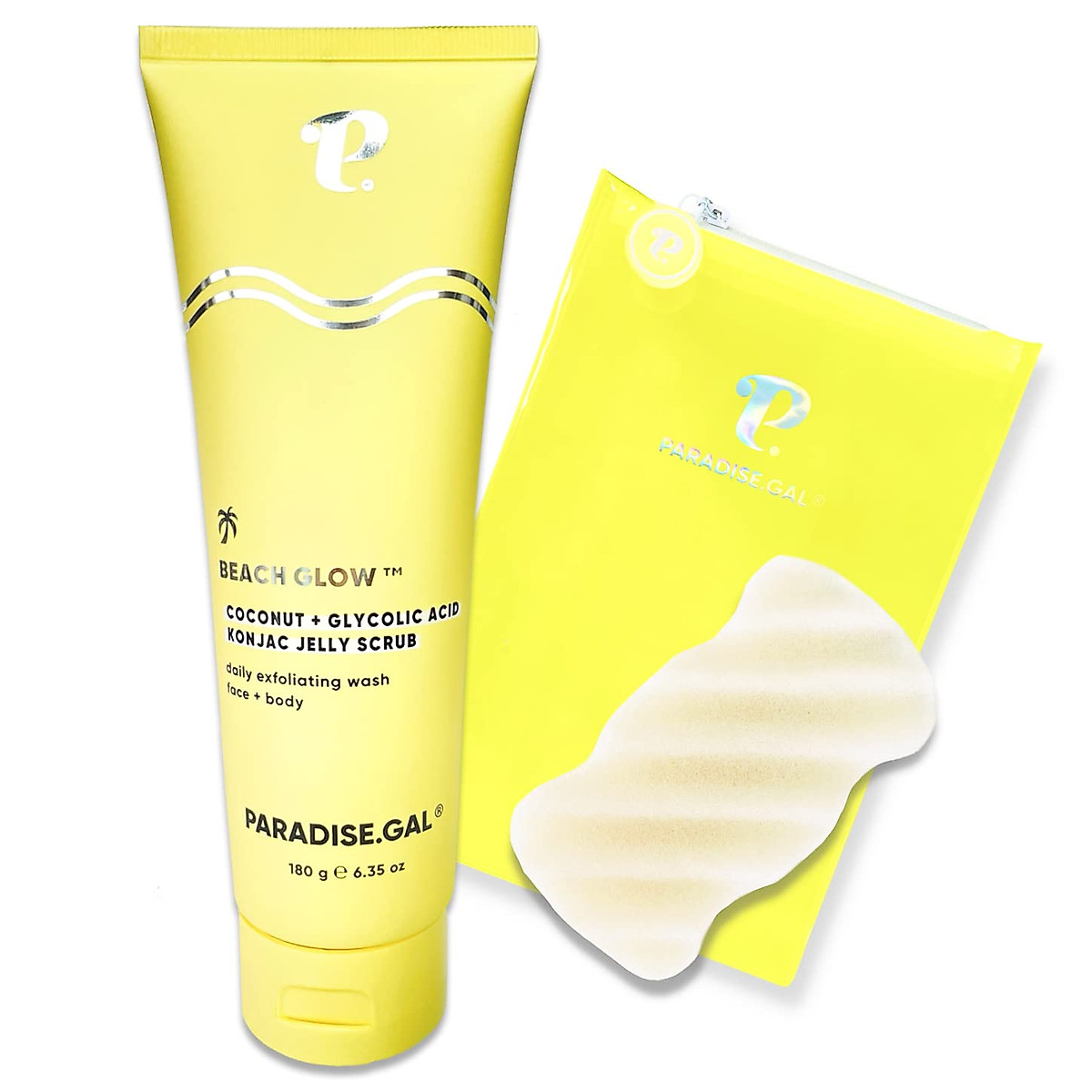 Gentle Exfoliating Scrub for Face & Body by ParadiseGal - Korean Skincare Set with Coconut & Glycolic Acid Jelly Scrub + Konjac Sponge & Bag - Ideal for Smoothing Rough Skin, KP, Cellulite
