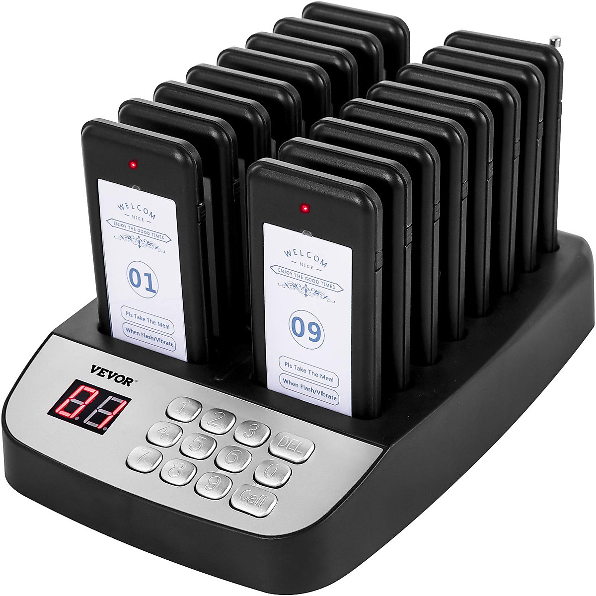 VEVOR F100 Restaurant Pager System 16 Pagers, Max 98 Beepers Wireless Calling System, Set with Vibration, Flashing and Buzzer for Church, Nurse,Hospital & Hotel