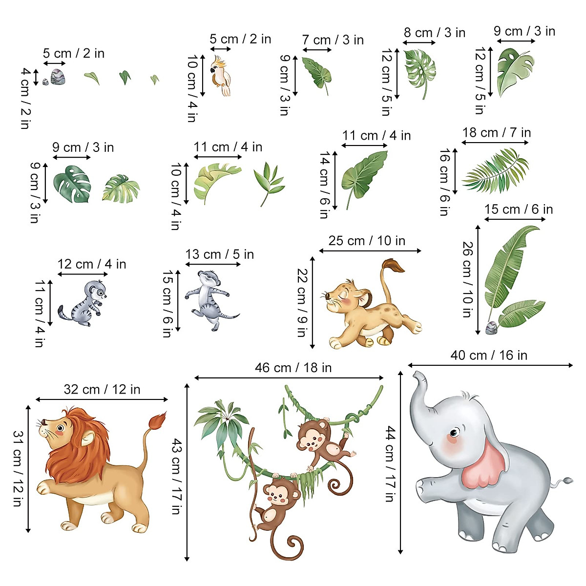 wondever Jungle Animals Wall Stickers Elephant Lion Monkey Safari Animal Peel and Stick Wall Art Decals for Kids Bedroom Baby Nursery