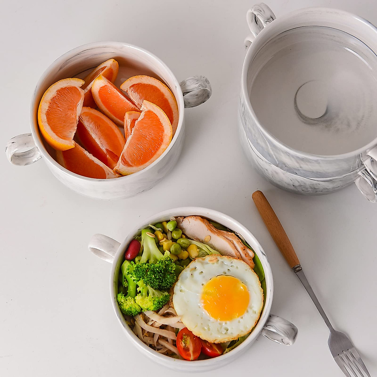 Yundu 26 Ounces Grey Marble Porcelain Bowls with Handles, French Onion Soup Bowls, Microwave and Oven Safe Bowls - Stackable Handled Bowls Set of 4